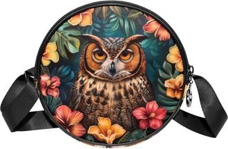 Generic Sac &agrave; bandouli&egrave;re rond pour femme, motif hibou, fleurs, sac &agrave; dos avec fermeture &eacute;clair, bretelles r&eacute;glables, sac &agrave; main rond d&eacute;contract&eacute; pour femmes 