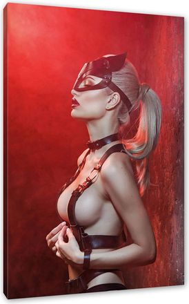 Pixxprint Sexy Blondine in Leder im Rotlicht, Größe: 100x70cm, Leinwandbild, fertig gespannt, Wandbild, Dekoration, Kunstdruck, kein Poster