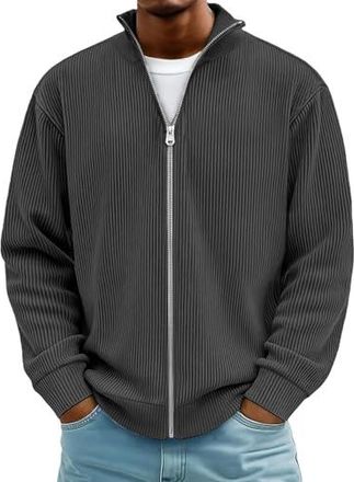 Generic Pull à col rond pour homme, chemise côtelée texturée, col montant, fermeture éclair, veste ample, mode automne, manches longues, sweat-shirt décontrac