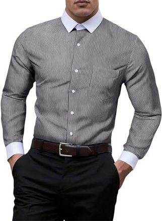 Generic Chemises &agrave; rayures pour homme UK &agrave; manches longues boutonn&eacute;es d&eacute;contract&eacute;es col revers personnalis&eacute; grande taille doux respirant costume de sport pour