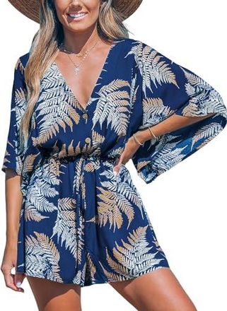 Cupshe Combinaison pour femme - Col en V - Manches courtes - Boutons - Imprimé tropical - Jambe large - Courte - Avec ceinture - Décontractée, bleu foncé, XL