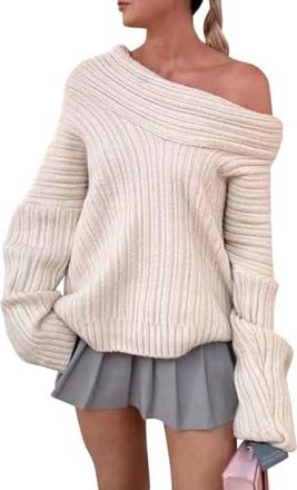 ORANDESIGNE Pull à Épaules Larges pour Femme Sexy Manche Longue Ample Pullover Hiver Chaud Tricot Tops Vetement Tricoté Chic A Blanc M
