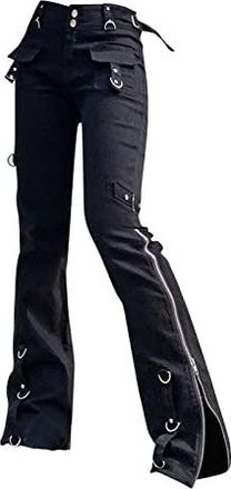Generic Pantalon cargo gothique punk Harajuku Streetwear pour femme - Taille haute - Noir - Jean Bootcut - Pantalon &eacute;vas&eacute; avec fermeture &eacute;clair - Pantalon dex