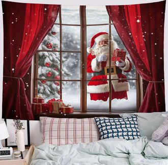 Generic Wandteppich Fenster Weihnachtsmann, Weihnachtsstimmung Tapisserie Wandbehang, Rot Wandkunst Dekore Tapisserie F&uuml;r Wohnzimmer Schlafzimmer Wohnheim Wan
