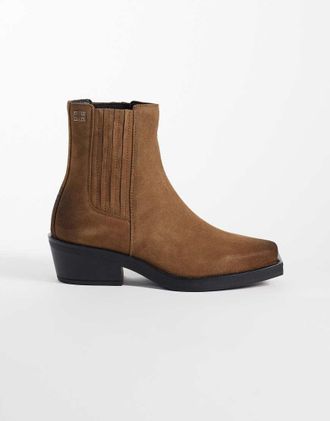Tommy Jeans Sasha bottes cowboy en daim v&eacute;ritable couleur camel-Marron