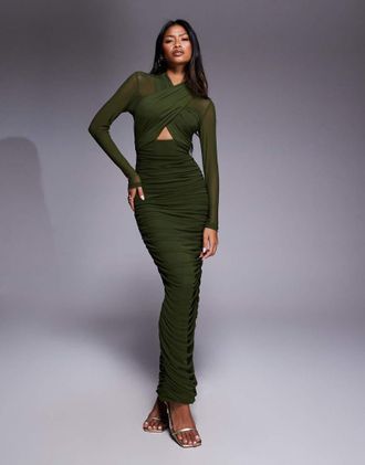 Bardot Aliyah - Robe crois&eacute;e mi-longue en tulle - Kaki fonc&eacute;-Vert