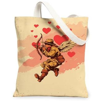 Generic Sac fourre-tout vintage en toile pour la Saint-Valentin, motif coeur et dieu de lamour, sacs &agrave; provisions r&eacute;utilisables, l&eacute;gers et lavables, beige, 13
