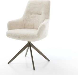 DELIFE Drehstuhl Zelia-Flex mit Armlehnen Plüsch Creme-Weiß Kreuzgestell breit Effektfinish Titan 360° drehbar Wippfunktion Taschenfederkern, Esszimmerstühle
