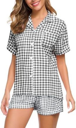 Generic Pyjama court pour femme avec boutonnière - 2 pièces - Pyjama dété - Motif mignon - Haut et short de nuit - Pyjama à revers - Vêtement de détente, gris