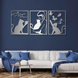 Generic Moderne minimalistische Wanddekoration aus Metall, Katzenmotiv, Wanddeko mit Frau und Katze, Katzen f&uuml;r Wohnzimmer, Schlafzimmer, Badezimmer (Silber, 