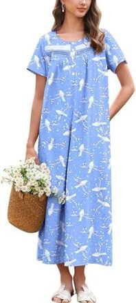 Ekouaer Chemise de Nuit Femme en Coton Longue Manches Courtes Vêtements de Nuit avec des Boutons Douce Bleu S