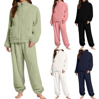 Generic Ensemble de pyjama dhiver chaud en flanelle polaire pour femme - Pyjama moelleux à manches longues avec fermeture éclair intégrale et pantalon à rever