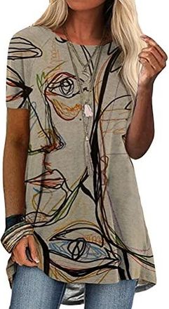 ORANDESIGNE T-Shirt Long pour Femme à Manche Courte T-Shirt Col Rond Blouse Eté Ample Casual Tops Imprimé Colorées Tee Shirt Mode Tops T-Shirt Lâche Haut Long Blo