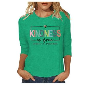 Generic T-shirt pour femme avec col rond, manches 3/4 et lettres, Vert menthe., 3XL