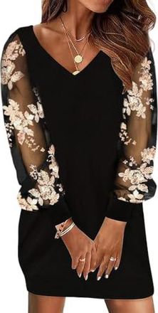 Minetom Robe Pull Femme Col V Dentelle Ample en Maille Long Pullover Tricot Robe De Noël À Manche Longue Robe De Soirée E4 Noir XL