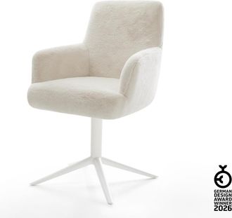 DELIFE Drehstuhl Heira-Flex mit Armlehnen Pl&uuml;sch Creme-Wei&szlig; Fu&szlig;kreuz Wei&szlig; 360&deg; drehbar Wippfunktion Taschenfederkern, Esszimmerst&uuml;hle