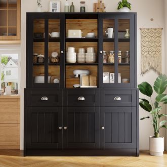 Generic LZPUOUI Hochschrank vitrinenschrank schwarz 140 cm breit mit schubladen und acryl-t&uuml;ren k&uuml;chenschrank in MDF-Material mit Chrom-Griffen stauschrank f&uuml;
