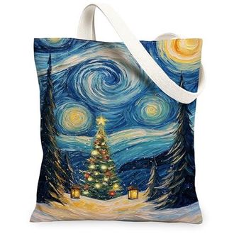 Generic Sacs fourre-tout en toile motif arbre de No&euml;l, design artistique vintage, l&eacute;gers, lavables et r&eacute;utilisables pour les vacances, les voyages, bleu, 13x1