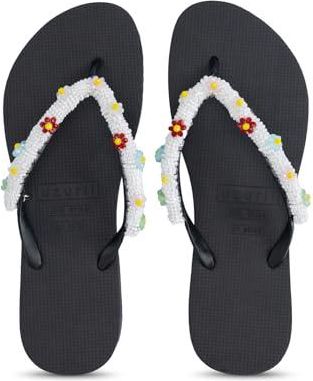 UZURII | Flowery White Aby - Black | Tongs pour femme | Sandales confortables et &eacute;l&eacute;gantes faites &agrave; la main | Pour int&eacute;rieur et ext&eacute;rieur 41/42