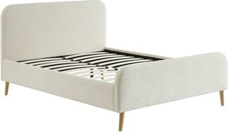 Sweeek Sweeek - Lit avec sommier à lattes et tête de lit rembourrée 2 places bouclette crème 140 x 190 cm - Finn