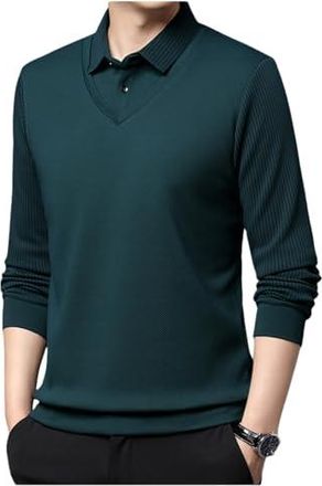 Generic Faux polo &agrave; manches longues pour homme - &Agrave; rayures - Printemps Automne - Basique - Affaires - D&eacute;contract&eacute;s, vert fonc&eacute;, 4XL