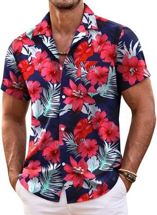 Coofandy Chemise Homme Manches Courtes Funky Chemise Hawaienne Coupe-Régulière Aloha Imprimé Plage Casual Hawaii Chemise Bleu Marine- Motif Floral XXL