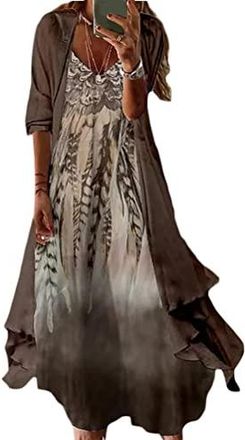 Minetom Robe DÉté De Plage pour Femme Maxi Robe en Mousseline De Soie À Motif Floral Col V Robe Longue Robe avec Blouse De Protection Solaire C Gris XXL