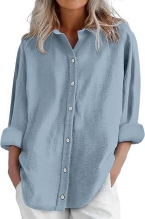 Generic Chemise surdimensionn&eacute;e boutonn&eacute;e pour femme en coton et lin - Chemisier d&eacute;contract&eacute; &agrave; manches longues et col mandarin - Haut boh&egrave;me de plage, bleu cl