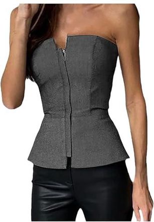 Generic Haut tube &agrave; fermeture &eacute;clair pour femme - Bandeau sans bretelles - Haut tendance d&eacute;t&eacute; &agrave; &eacute;paules d&eacute;nud&eacute;es - V&ecirc;tements tendance color&eacute;s &agrave; &eacute;paules d&eacute;nud&eacute;