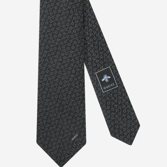 Gucci Mens Jacquard Silk Tie Black Ties & Bow