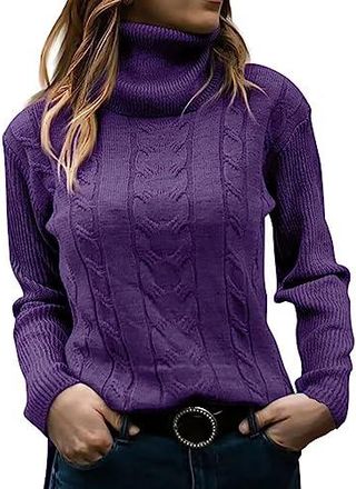 Generic Pull à col montant pour femme - Col roulé - Couleur unie - Style rétro - Manches longues - Pour intérieur et extérieur - Cadeau de Noël, violet, S