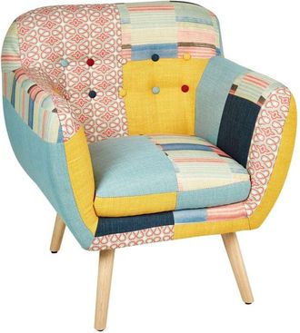 Beliani Fauteuil en Tissu Multicolore Pied Bois Clair Dossier Capitonné Rembourrage Melby