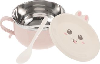 BESTONZON Edelstahl Doppelschicht Instant Nudeln Sch&uuml;ssel mit Deckel und L&ouml;ffel Cartoon Lunchbox Lebensmittel Isolierbeh&auml;lter (Pink)