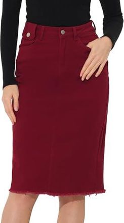 Allegra K Jupe en Jean Femmes Mi-Longue Taille Haute Jupe Droite en Denim Vintage Décontractée Rouge foncé M