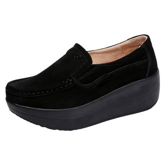 Rismart Damen Wildleder Sneaker mit Keilabsatz Plateauschuhe Slip on Loafer Schwarz, 38 EU