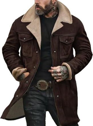 Generic Trench long pour homme avec doublure en polaire Sherpa - Veste en cuir - Veste dhiver chaude et rembourr&eacute;e - Doudoune - Marron - Vestes Trench - Mante