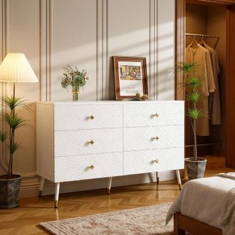 Furniture R Weißer Kleiderschrank mit 6 Schubladen, Modernes Design, Robuste MDF-Konstruktion, Dekorative Akzente, Stilvolles Aufbewahrungsmöbel für Schlafzimmer