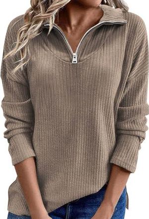 Generic Fccrian Pull pour femme - Manches longues - Col en V - Fermeture éclair - Col polo - Décontracté - Classique - Uni - Léger - Pour lautomne et lhiver -