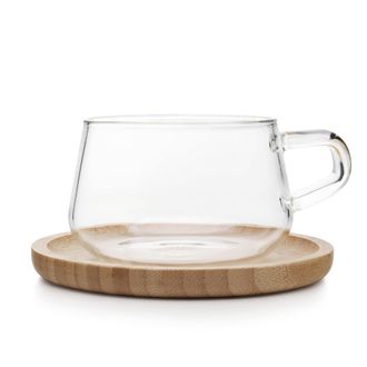 Viva Scandinavia VIVA Klassische Kaffeetasse oder Teetasse und Untertasse aus Glas aus Bambusholz - 250 ml - perfekt für Cappuccino, Macchiato und Latte Macchiato