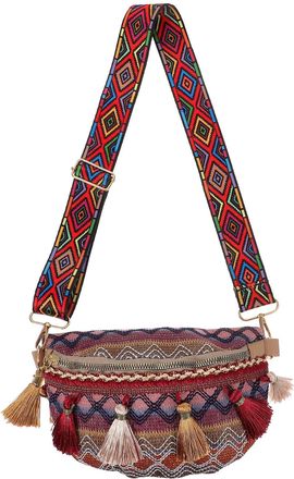 Hemobllo UKCOCO Ethnische Brusttasche Damen mit Quaste Gro&szlig;e Kapazit&auml;t Verstellbarer Breiter Gurt Vielseitige Bauchtasche und Kleine Umh&auml;ngetasche in Weinrot S