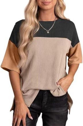 OLIPHEE T-Shirt Côtelé Femme Col Rond Manches Courtes - Haut Basique Casual Patchwork Été