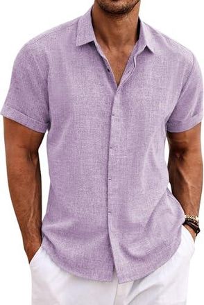 Coofandy Chemise en lin &agrave; manches courtes pour homme - Coupe droite - Pour l&eacute;t&eacute; et la plage, lilas, 3XL