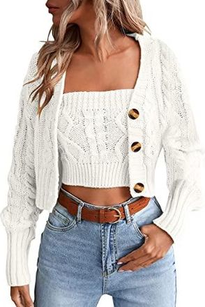 Generic Bol&eacute;ro court, cardigan en tricot torsad&eacute; pour femme, cardigan tendance boutonn&eacute; et haut tube, cardigan classique &agrave; manches longues, v&ecirc;tements dext&eacute;rie