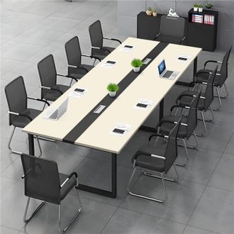 Generic Gro&szlig;er Besprechungstisch mit Kabelkanal, gro&szlig;er Konferenztisch for viele Personen, schwarzes Metallgestell, Holzdesign, einfache Montage(Beige+Negro,4