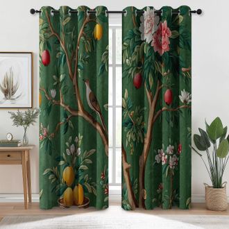 Generic Blickdichte Gardinen Verdunkelungsvorh&auml;nge mit &Ouml;sen Thermogardinen K&auml;lteschutz, Gr&uuml;n Vorh&auml;nge mit Franz&ouml;sische Landschaft Blumen V&ouml;gel Aufdruck, f&uuml;r W