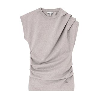 Ganni Heavy Stretch Cotton Draped T-Shirt - - Tops - Damen - Grau - S
