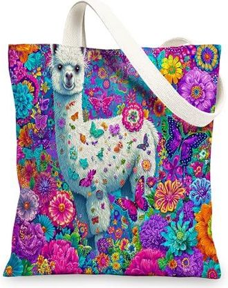 Generic Sac fourre-tout fantaisie en toile motif lama, sac de courses réutilisable, léger et lavable avec bandoulière, multicolore, 13x15 Inch