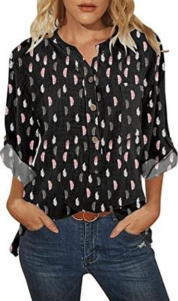 Generic Robes boh&egrave;mes pour femmes, t-shirts &agrave; motif floral, hauts d&eacute;contract&eacute;s, col boutonn&eacute;, chemisiers, t-shirt d&eacute;t&eacute; &agrave; manches longues, Noir, XXL