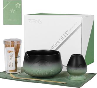 Zens Matcha Set, Matcha Tee Set mit Matt Keramik Matcha Schale, Matcha Besen, Besenhalter und Bambusschaufel & Teetuch f&uuml;r Matcha Ceremonial, Geschenk f&uuml;r 