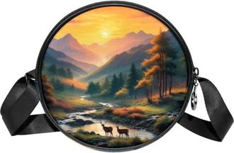 Generic Sac &agrave; bandouli&egrave;re Circle pour femme, petit sac &agrave; bandouli&egrave;re Art Mountain Deer avec fermeture &eacute;clair, bretelles r&eacute;glables, sac &agrave; main rond d&eacute;contract&eacute;